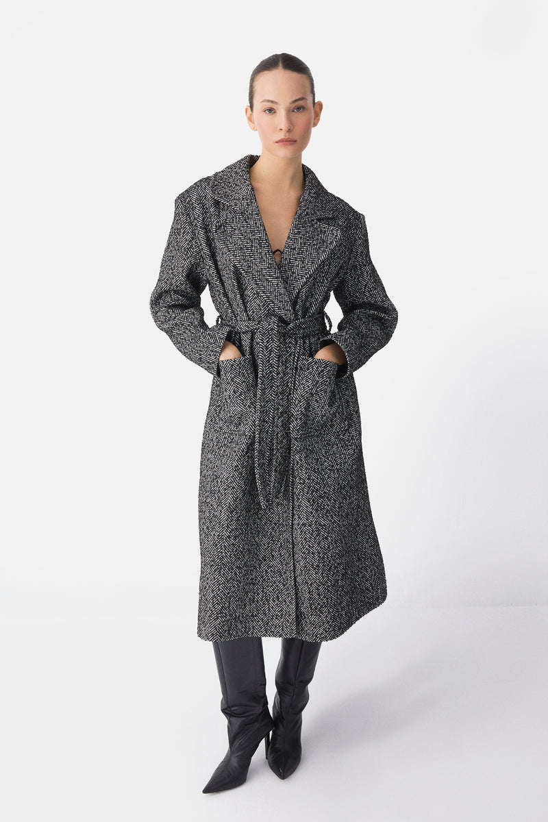 The Raven Herringbone Coat – Long Belted Cotton Blend Coat | PIRAL