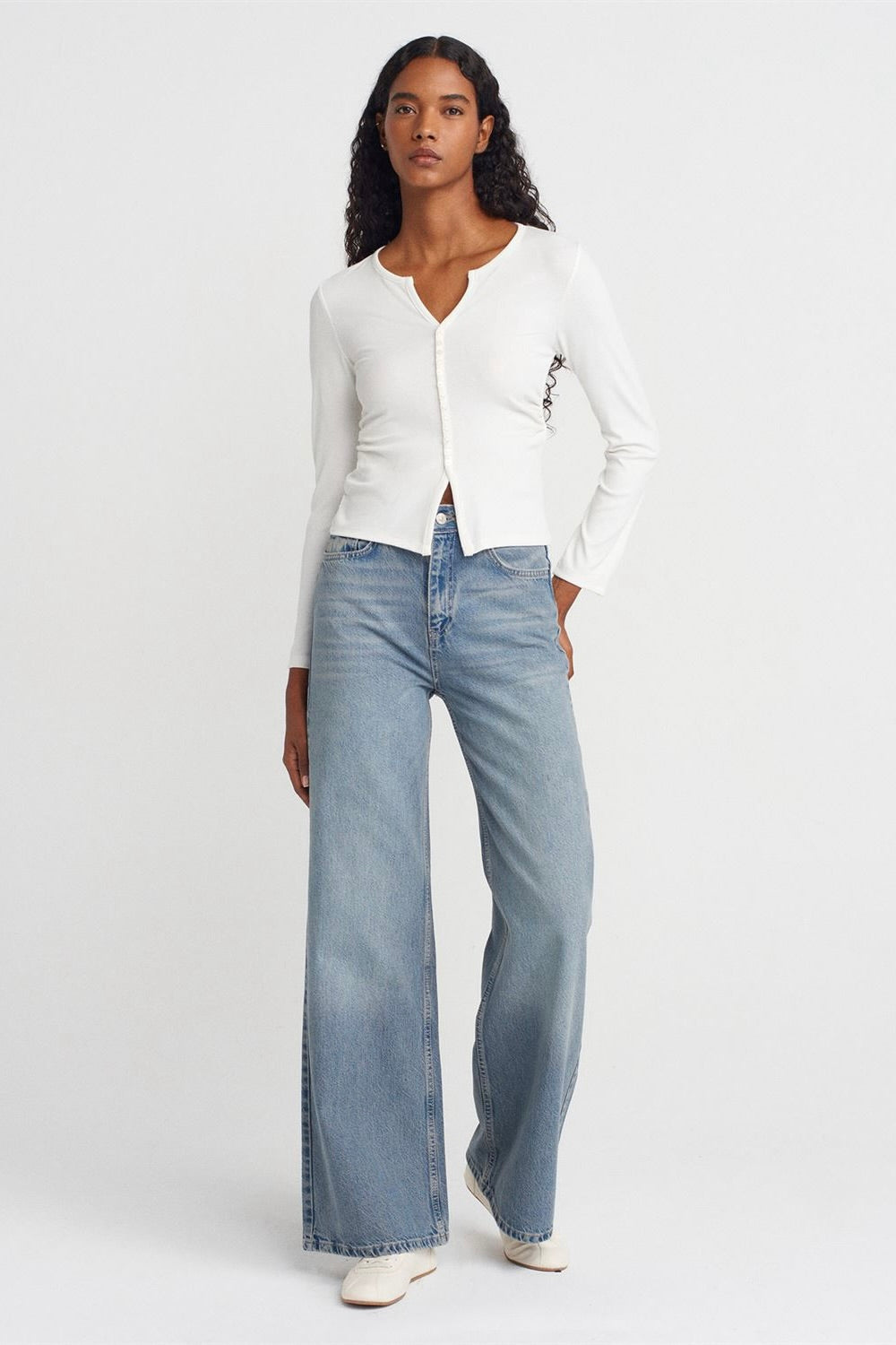 Notch Button Rib Top Ecru | Cotton Stretch Rib | PIRAL
